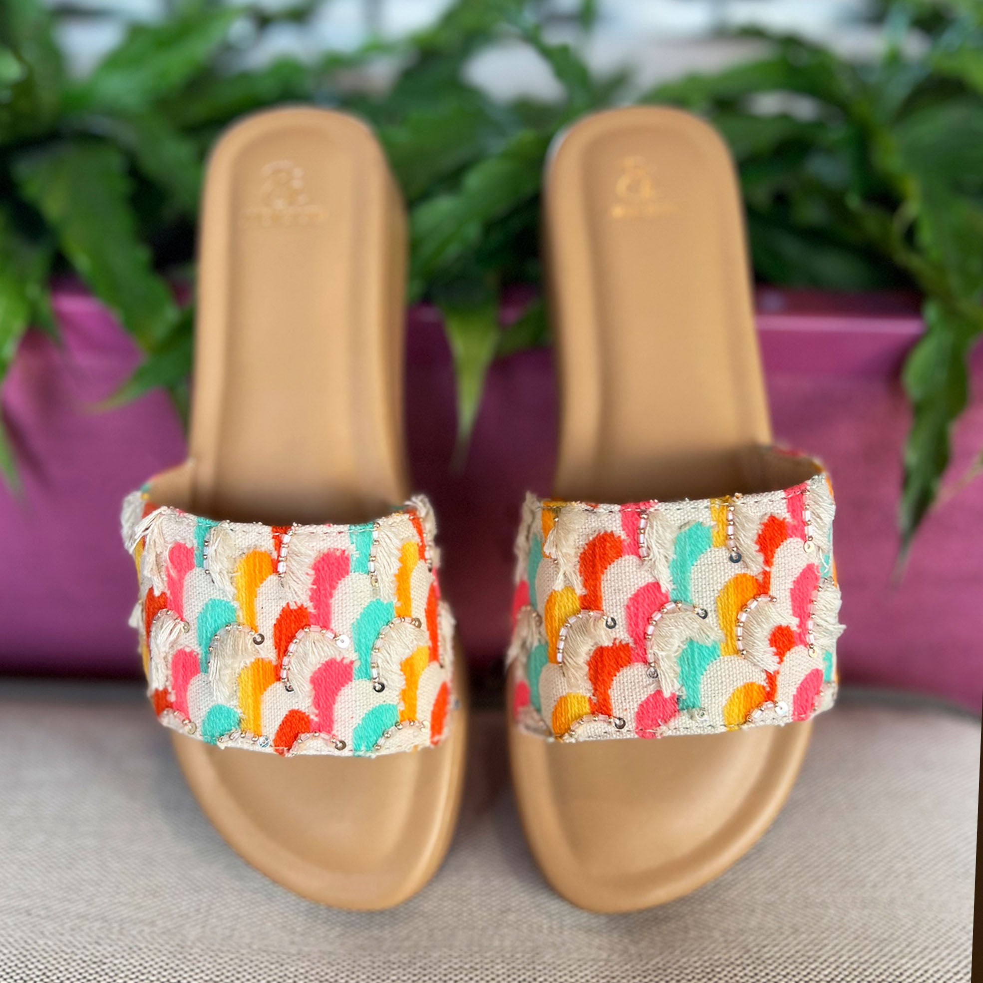 Cover Me In Sunshine Embroidered Slides – Bombay Brown India